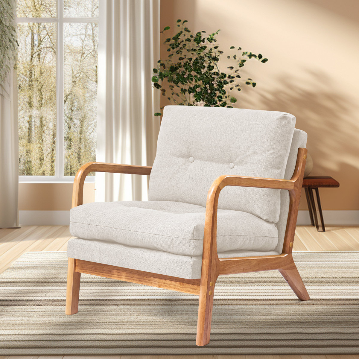 George Oliver Mid-Century Tufted Upholstered Accent Chair Linen Arm Chairs with Solid Wood Frame ...